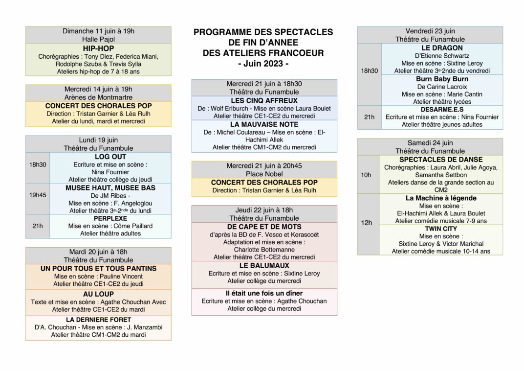 Calendrier des spectacles 2022-2023 - Les Ateliers Francoeur
